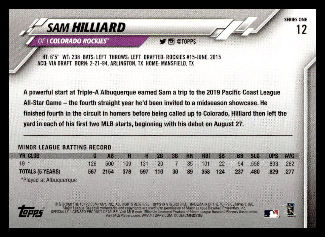 2020 Topps Sam Hilliard #12 Colorado Rockies Baseball Card | eBay