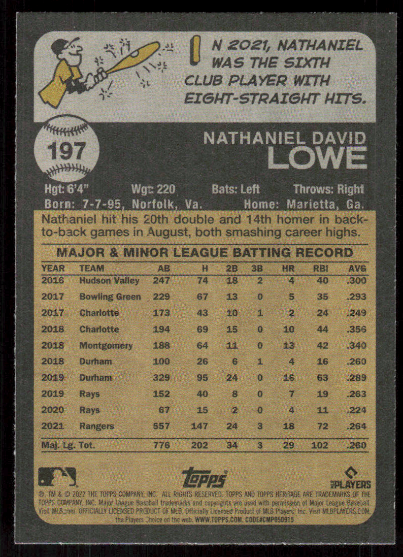 2022 Topps Heritage 197 Nathaniel Lowe Texas Rangers | eBay