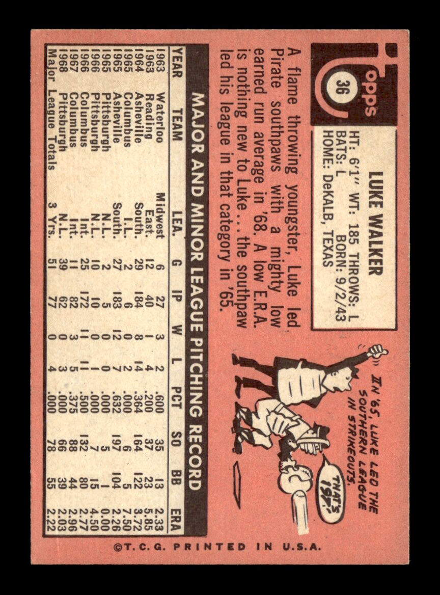 1969 Topps #36 Luke Walker Pittsburgh Pirates EX-MT Baseball Card *B642 ...